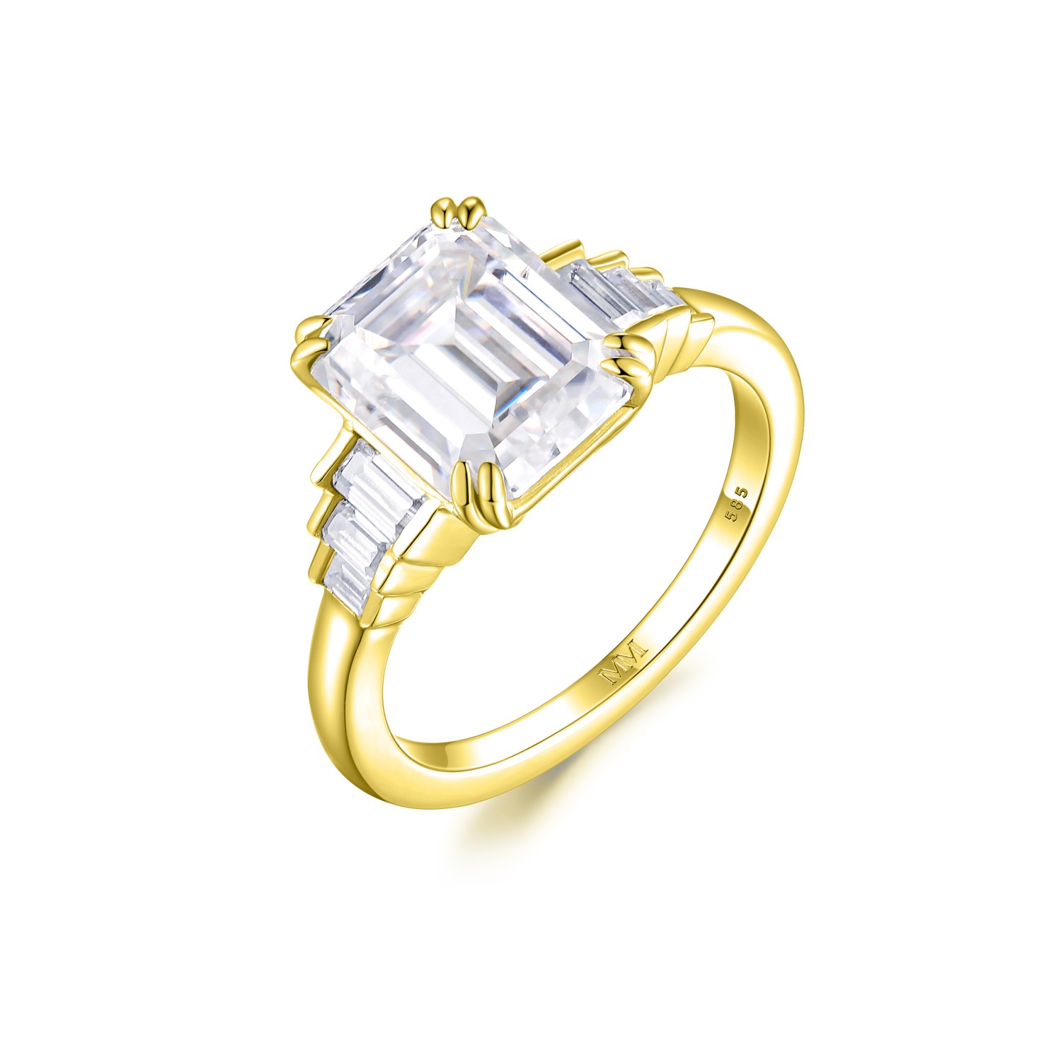 Rectanglo - Smaragd Geslepen Moissanite Ring met Baguette Accenten