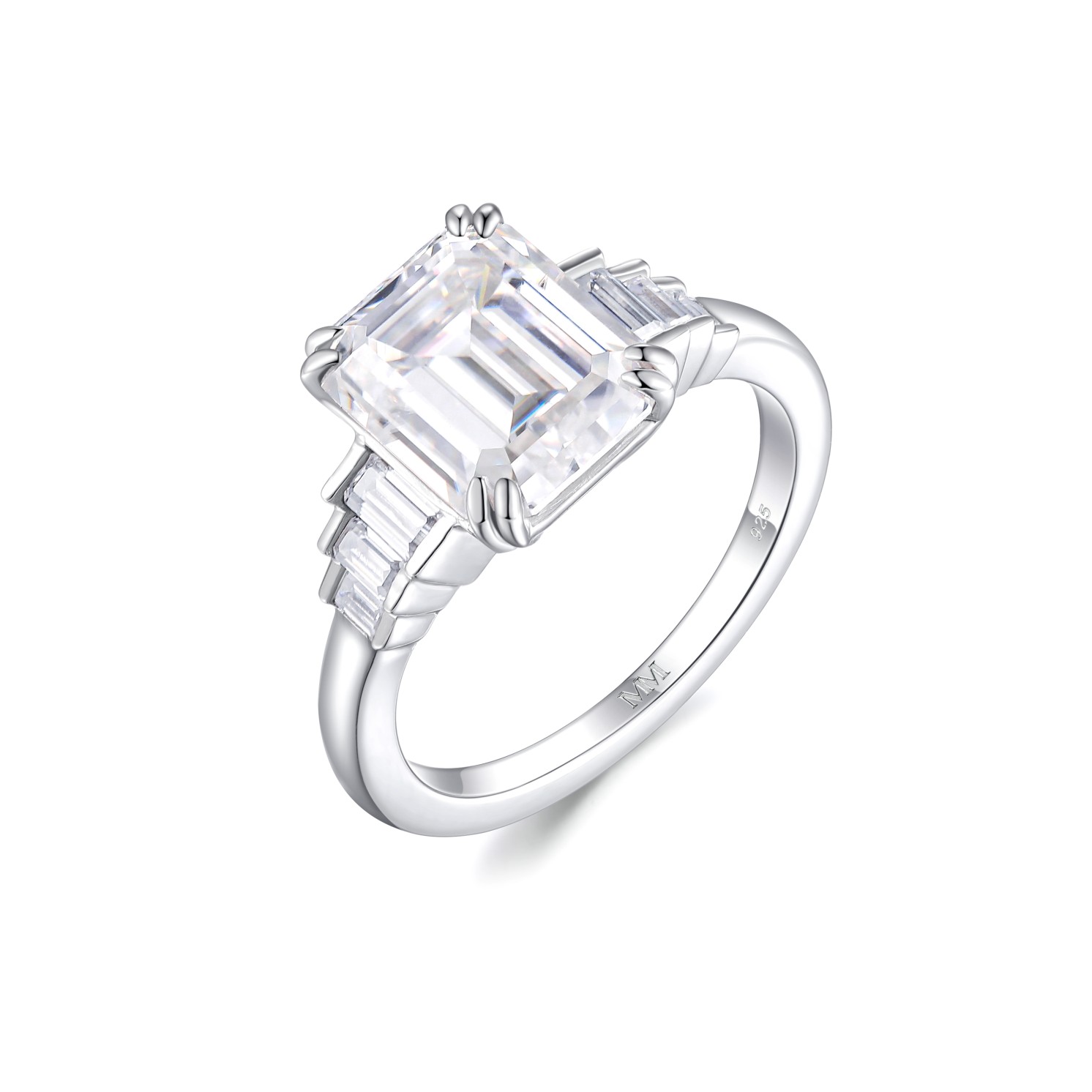 Rectanglo - Smaragd Geslepen Moissanite Ring met Baguette Accenten